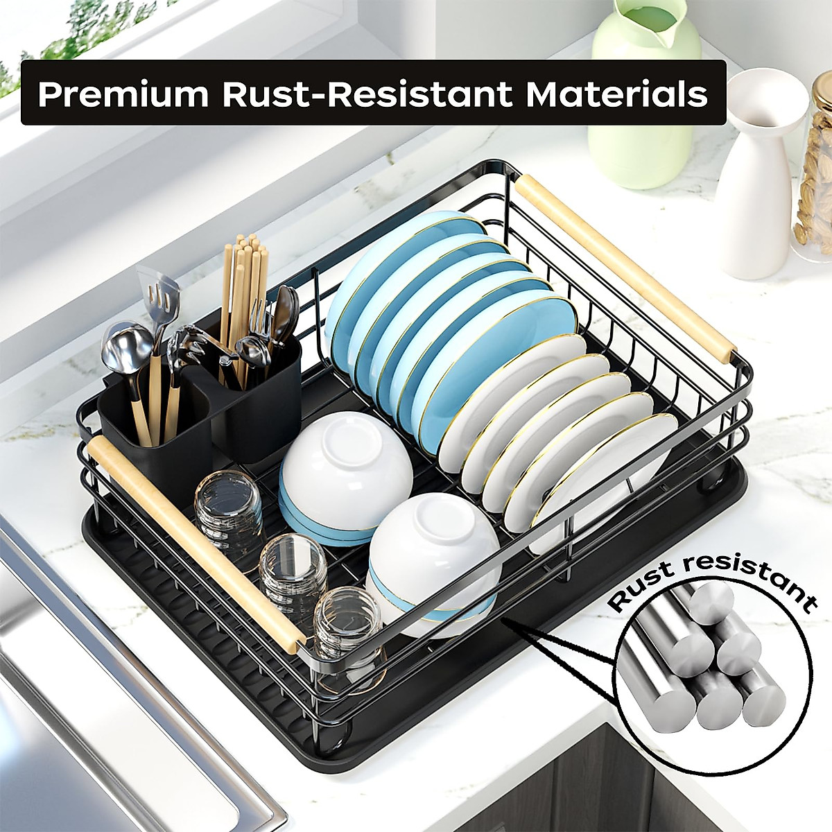 jouzevic Dish Racks for Kitchen Counter: Wooden Handles, Thickened Metal, No Assembly. Small Dish Drying Rack: Ideal for Small Households. Drying Rack Kitchen: Black