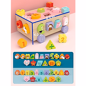 YUHAIPI Shape Sorter Car,Solid Wood,18 Building Blocks with Animal & Numbers Photos,Best Game for Hand-Eye Coordination &Thinktraining,Great Gift for 2-3-4 Years Old Boys and Girls.