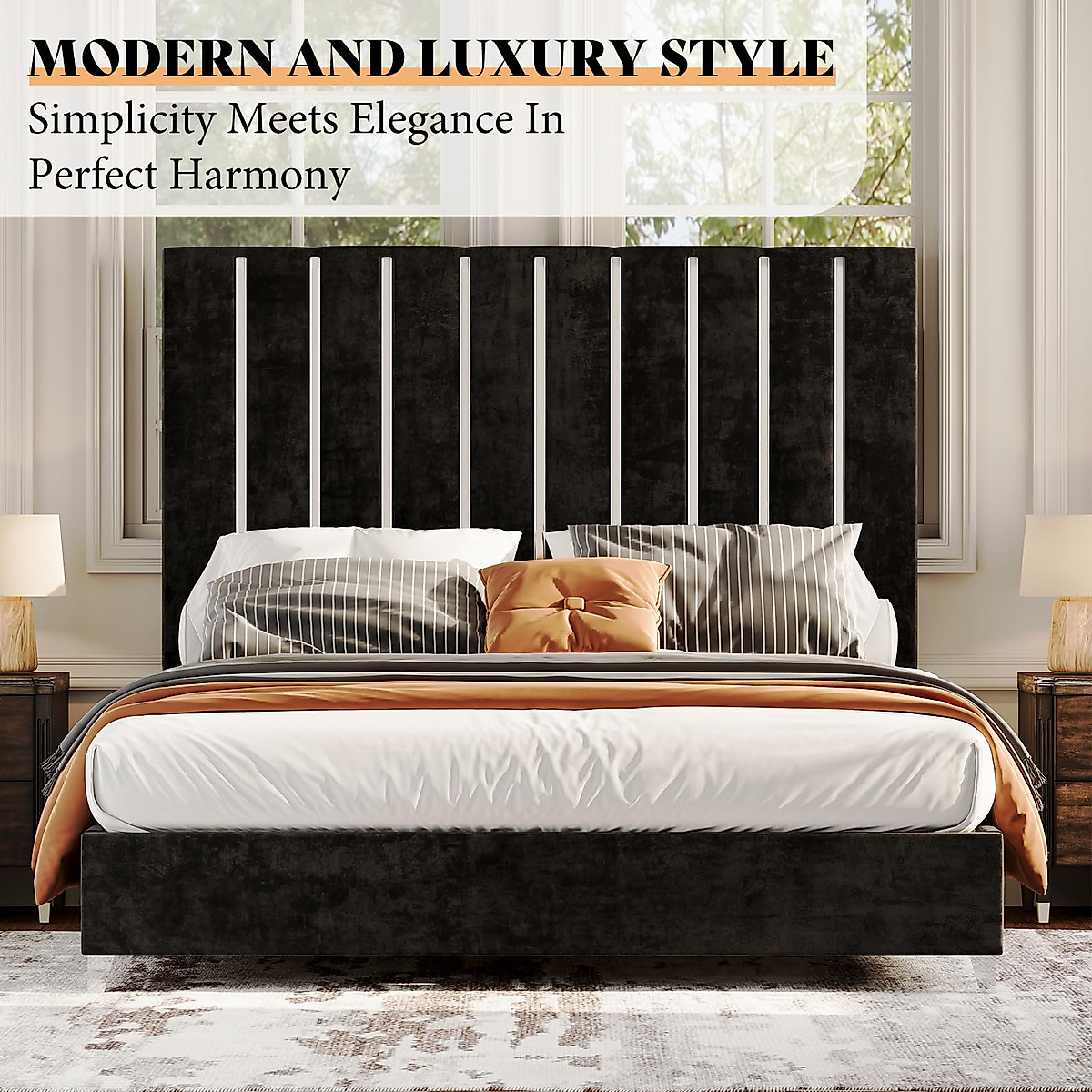 AMERLIFE King Bed Frame with 58" Tall Headboard, Silver Mirror-Plated Trim Platform Bed with Velvet Upholstered, Modern and Luxury Bed, No Box Spring Needed, Black