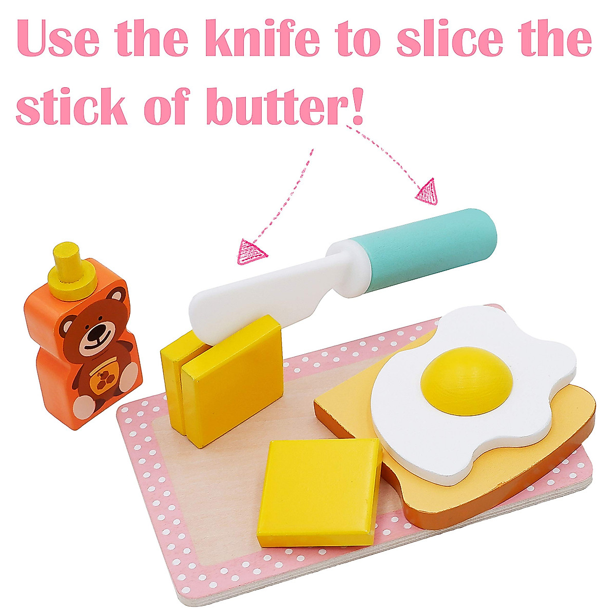 Toy Kitchen Wooden Pop-Up Toaster Play Set 10 Pcs, Interactive Early Learning Toaster, Exclusive Chopping Board, Knife, Poached Egg Honey Bear and Sliceable Butter, Fun and Colorful for Girls and Boys