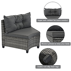 Merax 8-Pieces Outdoor Wicker Round Sectional Curved Sofa Set with Rectangular Coffee Table, PE Rattan Water-Resistant and UV Protected, Movable Cushion, Half-Moon Style, Grey_8Pcs