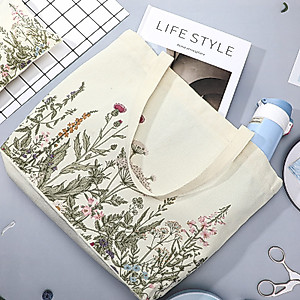 Sadnyy 2 Pcs Canvas Tote Bags Cute Aesthetic Floral Makeup Bags with Metal Zipper for Women Teacher Christmas Gift Shopping (Wildflower)