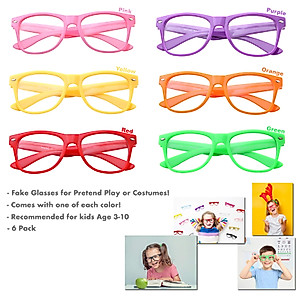 Pack of 6, Kids Nerd Fake Glasses Clear Lens Small Frame Children's (Age 3-10)