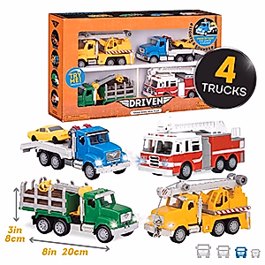 Driven by Battat – 4 Toy Vehicles for Kids&Toddlers – 7.5" Crane Truck, 7.5" Tow Truck, 7.5" Fire Truck, 7" Log Truck – Lights & Sounds – Gift Construction Toys for 3 Year Old+