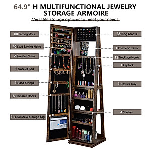 BOSTANA Jewelry Armoire 65" H, Full Length Mirror with Storage 360° Swivel, Lockable Standing Jewelry Cabinet Organizer with Storage Shelves Interior Mirror, Gift Idea, Brown