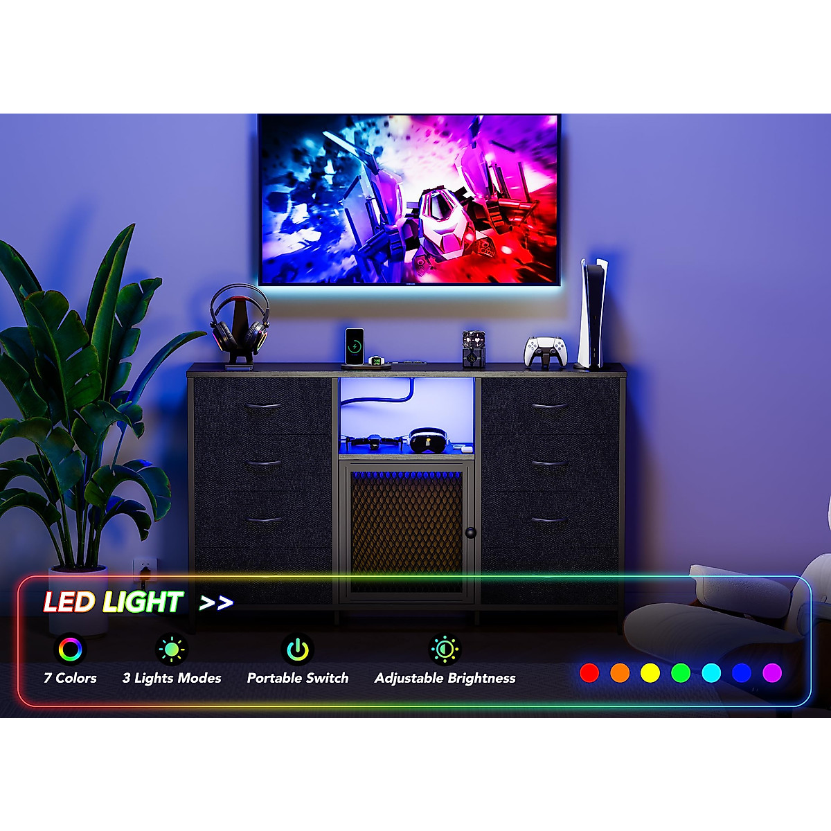 Decofy Dresser for Bedroom with LED Lights and Power Outlets, 8 Drawers TV Stand Dresser for 65 Inch TV, Fabric Chest of Drawers with Open Shelves, Black Dressers for Bedroom, Closet