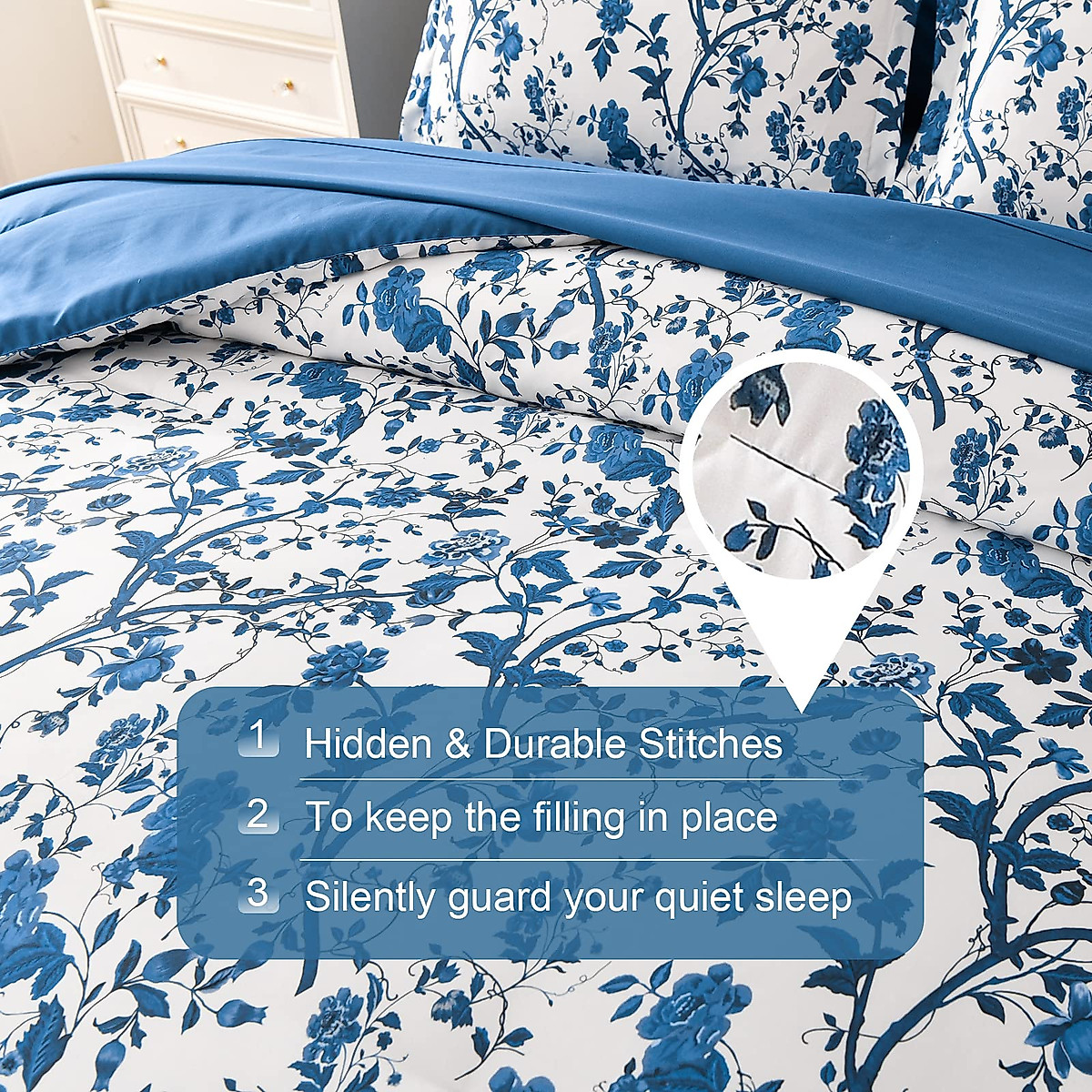 LLDSYW King Size Comforter Set - 7 Pieces Bed in a Bag Soft Microfiber Bedding Comforter Set Leaves Floral Pattern on White Comforter Sets with Sheets for All Seasons (King, Blue)