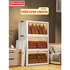 YENFZIX 32Gal Lidded Home Storage Bins - Collapsible, 32Gal Clear Cream Wardrobe Closet Organizer, Stackable Toy Storage, Foldable Plastic Storage Container with Door. - 32 Gallon (5Pack 32Gal)