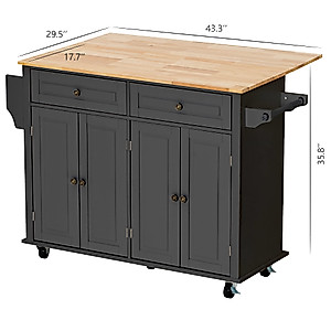 Squireewo Kitchen Cart with Wood Top and Drop Leaf Breakfast Bar, Rolling Mobile Kitchen Island Table on Wheels with Drawer and Storage Cabinet, Spice Rack, Towel Rack, Black