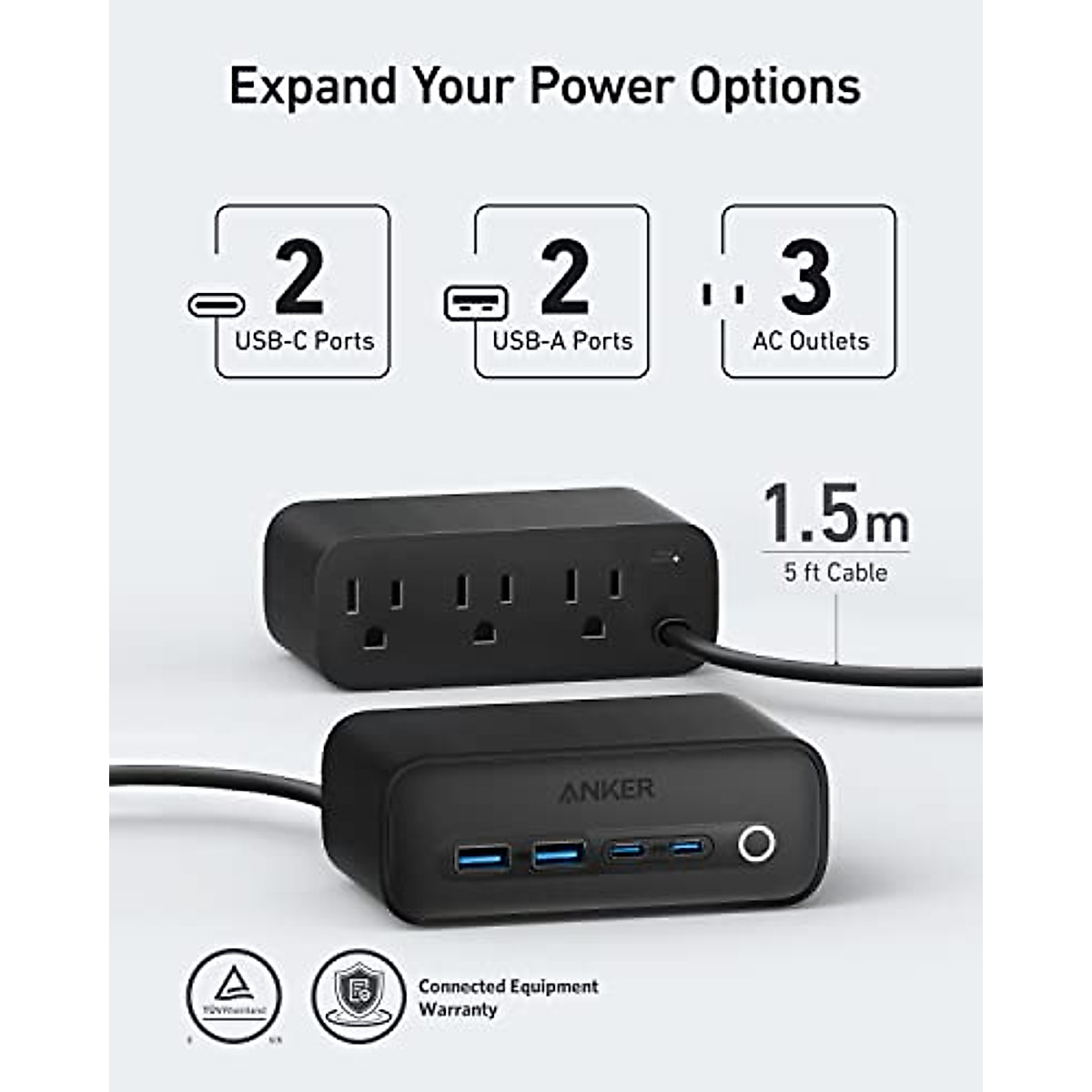 Anker 525 Charging Station, 7-in-1 USB C Power Strip for iphone13/14, 5ft Extension Cord with 3AC,2USB A,2USB C,Max 65W Power Delivery Desktop Accessory for MacBook Pro, Home, Office (Phantom Black)