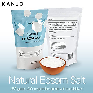 FSA HSA Eligible Kanjo Natural Epsom Salt - 100% Pure Magnesium Sulfate USP Bath Salt - Soak for Muscle Pain, Foot Pain, & Joint Pain Relief - Unscented - 16oz Bag