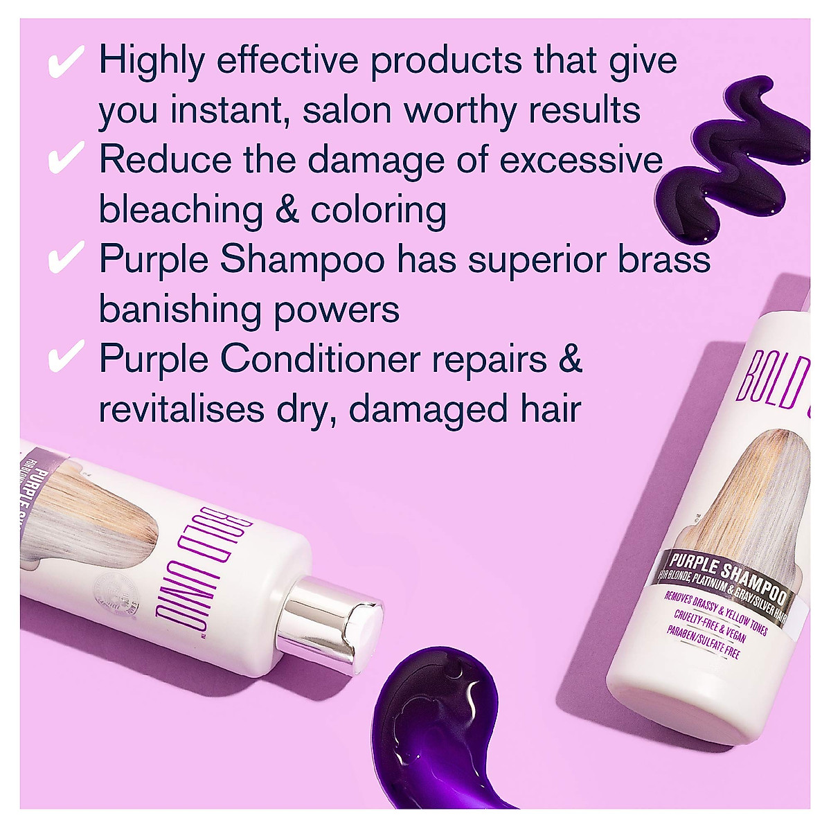 Bold Uniq Purple Toning Shampoo & Conditioner Set - For Blonde, Platinum, Ash, Bleached, Grey, Ash & Silver hair - Eliminates Brassy, Yellow Tones - Vegan, Paraben & Sulphate Free - 8 Fl Oz Each