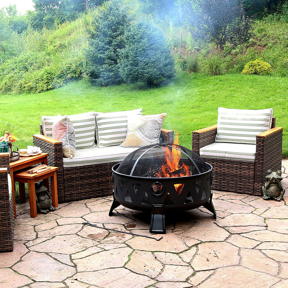 Sunnydaze 25-Inch Steel Wood-Burning Fire Pit with Mesh Stripe Cutouts - Includes Poker and Spark Screen