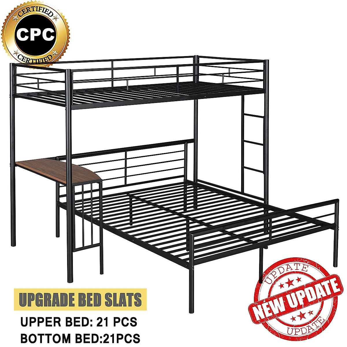 Harper & Bright Designs Metal Bunk Beds Twin Over Full Size,Bunk Beds with Desk, L Shaped Bunk Beds with Built-in Ladder, Full-Length Guardrail, No Box Spring Needed,Black