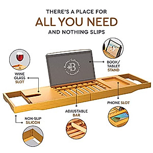 Bambüsi Premium Bathtub Tray Caddy - Bamboo Expandable Bath Tray - Unique House Warming Gifts, New Home, Anniversary & Wedding Gifts for Couple, Bridal Shower Gift for Women