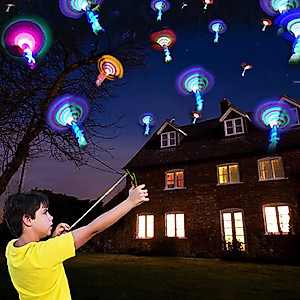 JX Rocket Slingshot Flying Toys with Led Lights,12Pcs LED Arrow Helicopters + 12Pcs Launchers,Summer Outdoor Game LED Slingshot Toy for Kids, Glow in The Dark Kids Party Supplies