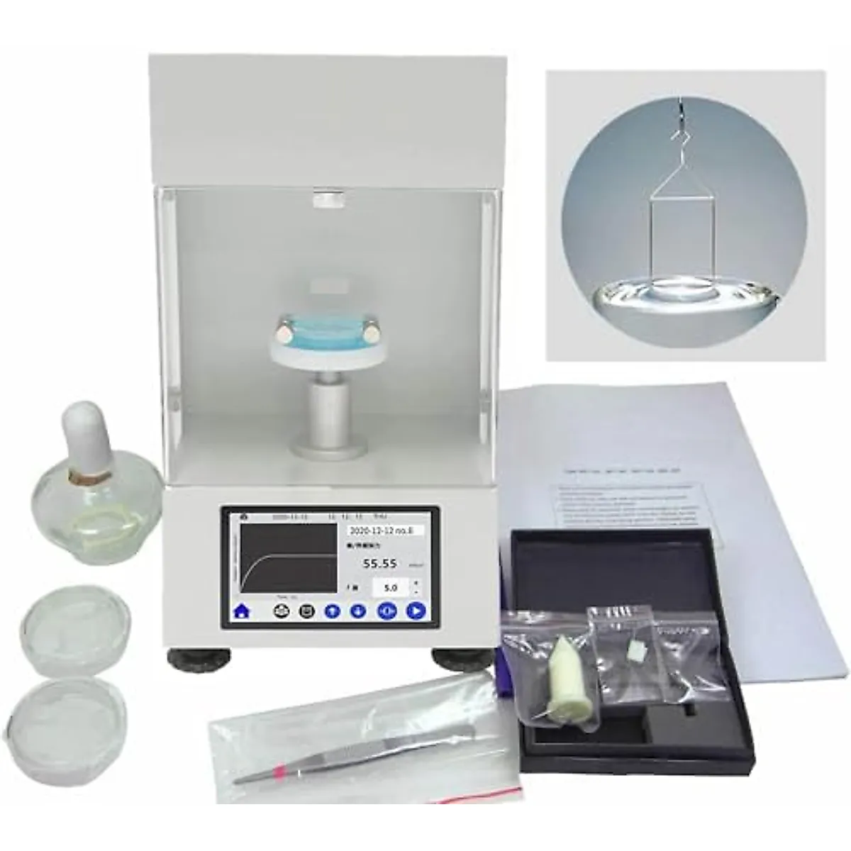 VTSYIQI Liquid Interfacial Tensiometer Surface Tension Measurement Automatic Surface Tension Meter Interfacial Tension Measurement with Platinum Loop Accuracy 0.1mN/m 4.3-inch Touch Screen