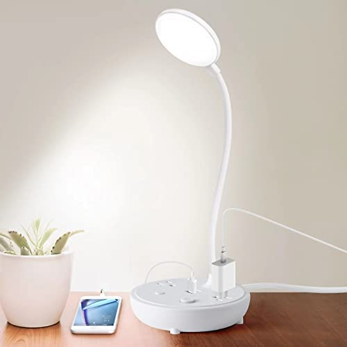 LED Desk Lamp, Eye-Caring Desk Lamp for Home Office, Adjustable Gooseneck Desk Light with 2 USB Charging Port and 2 AC Power Outlet, Super Bright Small Desk Lamp as Bedside Reading Lamp, Study Lamp