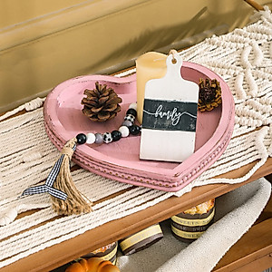 FESTWIND Heart Shaped Decorative Tray, Wooden Tray for Decor Coffee Table Dinning Table, Kitchen Island Decor Centerpiece, Farmhouse Tray Beaded Distressed Pink