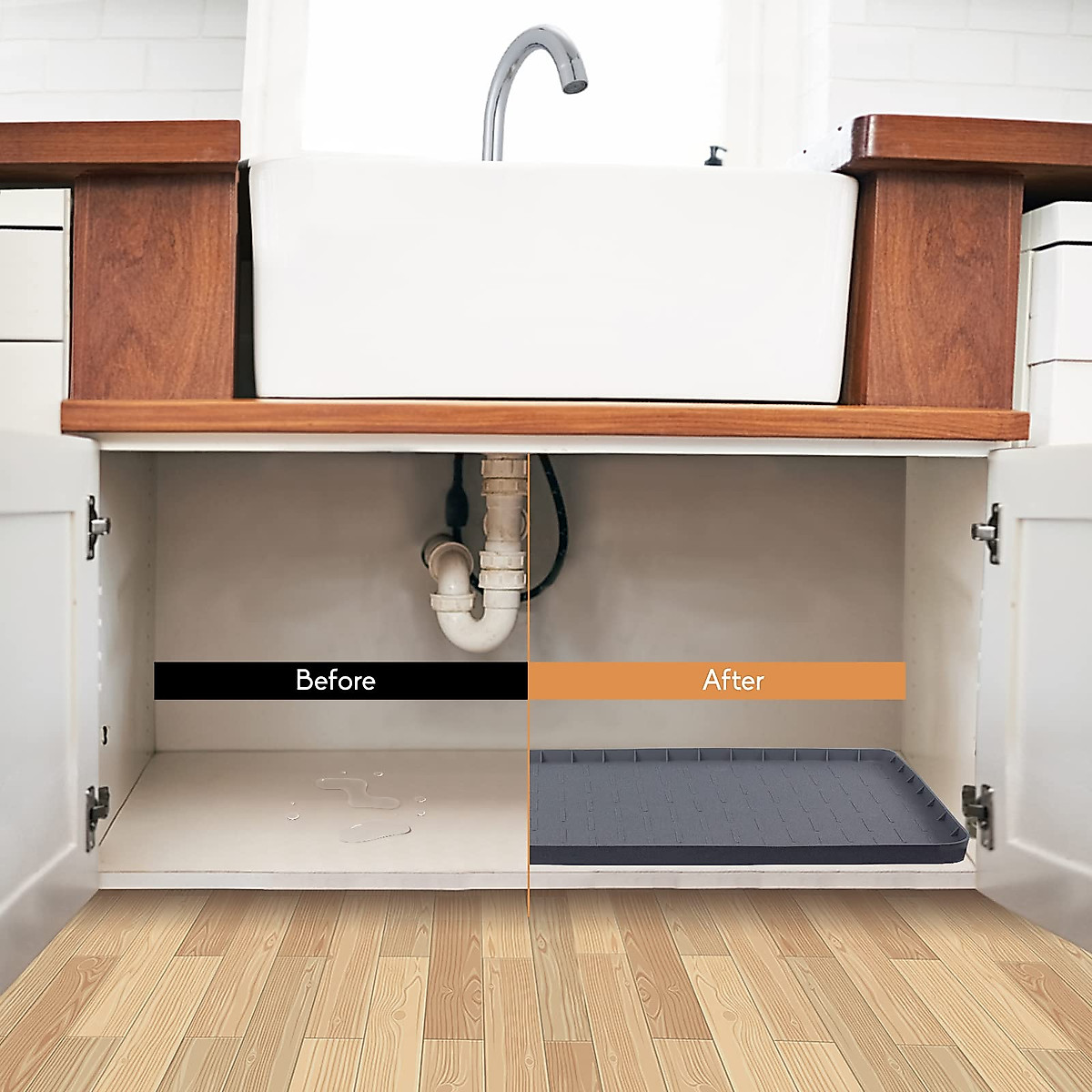 CNDSE Under Sink Mats for Kitchen Waterproof，Under Kitchen Sink Mat with Drain Holes，Thickened Non-slip Silicone Under Sink Mat ，Under Sink Liner for Kitchen and Bathroom Sink Cabinets 34''x22'', Grey