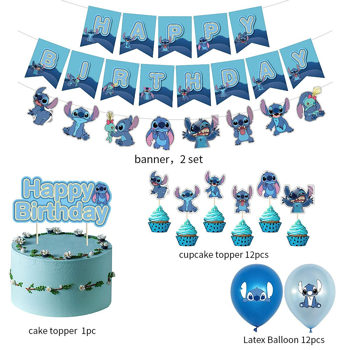 Lilo Birthday Party Decoration, Stitch Birthday Banner Cake Toppers Balloons,Stitch Theme Birthday Party Decorations