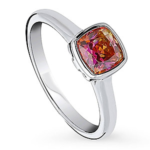 BERRICLE Sterling Silver Solitaire Red Orange Bezel Set Cushion Cut Cubic Zirconia CZ Kaleidoscope Fashion Ring for Women, Rhodium Plated 1.25 Carat Size 5