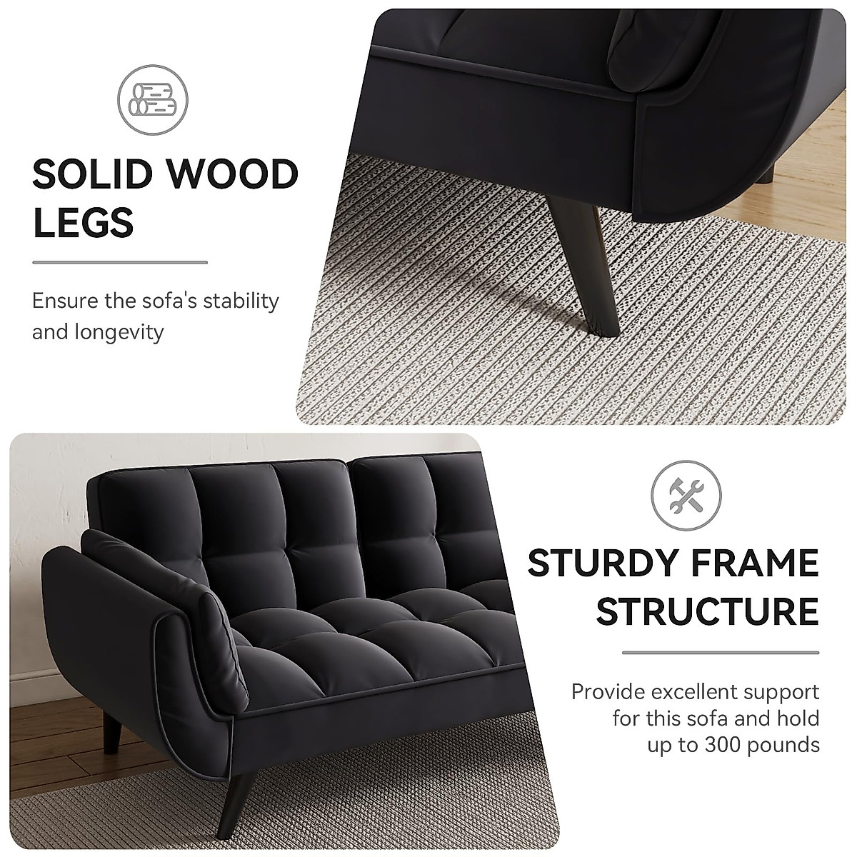 KINFFICT 57 inch Black Futon Sofa Couch Bed, Comfy Velvet Upholstered Loveseat, Convertible Sleeper Sofa cama with Adjustable Backrest, Mid Century Modern Sofas for Living Room, Bedroom, Small Space