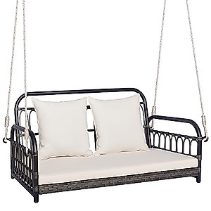 Tangkula Outdoor Wicker Porch Swing, 2-Person Hanging Seat with Seat & Back Cushions, Heavy-Duty Metal Frame & 2 Sturdy Hanging Ropes, Wicker Woven Swing Loveseat for Front Porch