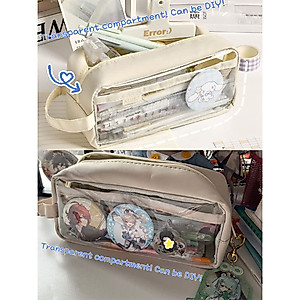 Clear Pencil Pouch Aesthetic School Supplies Large Cute Pencil Case for Girls Preppy Pencil Case Aesthetic (Beige,with Clip & Sticky Note)