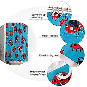 4 Piece Shower Curtain Sets Cute Ladybug Red Black Carapace Insect Dense Animal Blue Non-Slip Rug, Toilet Lid Cover, Bath Mat Waterproof Shower Curtain Bathroom Sets with 12 Hooks Bath Decor