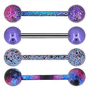 Melighting 4Pcs 14G Tongue Rings Barbells 316L Stainless Steel Tongue Bars Different Splatter Color Painting Tongue Piercings Tongue Ring with Balls for Women Men Set 16mm