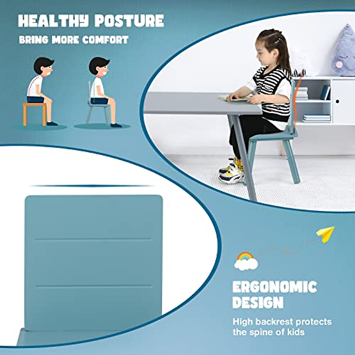 HONEY JOY Kids Table and Chair Set, Pine Wood Toddler Table and 4 Chair Set w/Building Blocks, 5 Pieces Children Furniture Set for Daycare, Classroom, Playroom, Gift for Boys Girls (Blue)