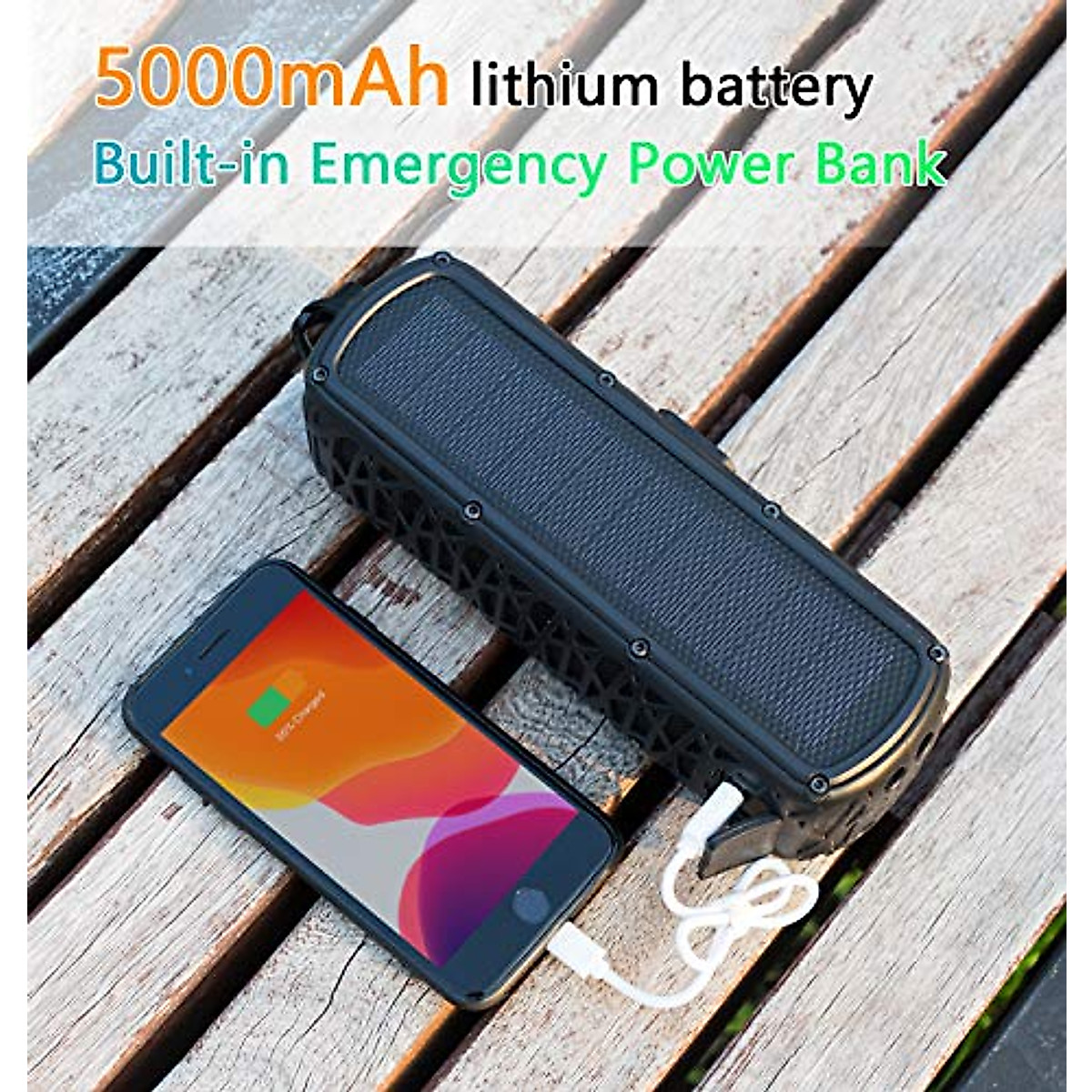 ABFOCE Solar Bluetooth Speaker Portable Outdoor Bluetooth IPX6 Waterproof Speaker with 5000mAh Power Bank,60 Hours Play Time Dual Speaker with Mic, Stereo Sound with Bass Home Wireless Speaker-Black