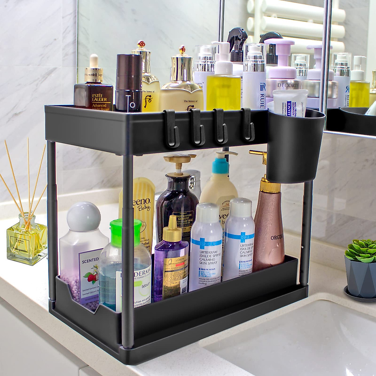 DOFIMATE 2 Pack Under Sink Organizers and Storage Bathroom,2 Tier Adjustable Height Cabinet Basket Organizer, The Bottom Slide Out Basket Under Kitchen Used for Bathroom, Storage Room