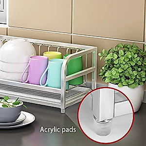 Dish Drying Rack, 304 Stainless Steel Dish Dryer Rack with Removable Drainer Tray Stand On Counter Top Sturdy, Durable and, 16.5" L x 7.9" W x 6.5" H Silver