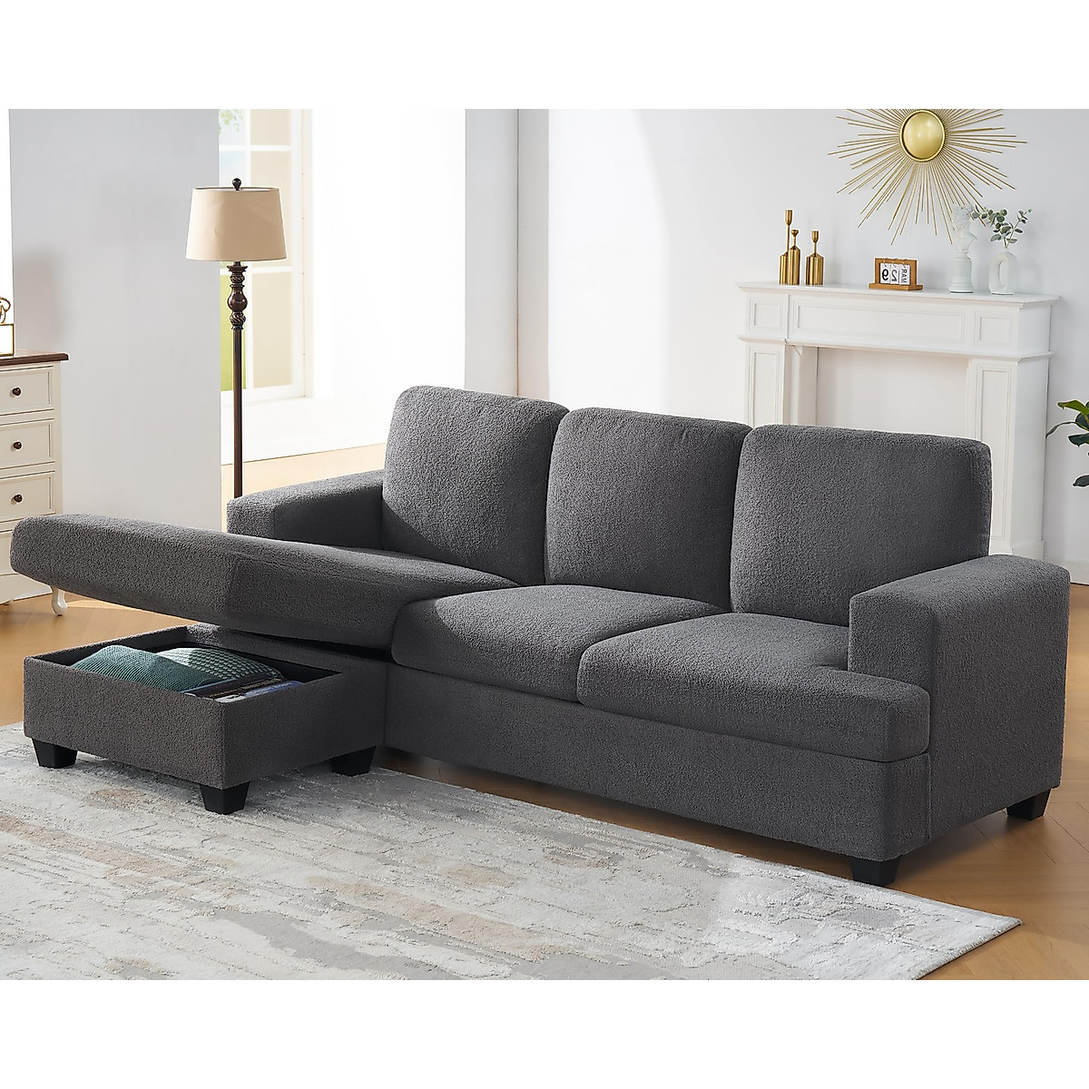 VanAcc 89 Inch Convertible Sofa with Storage, Reversible L Shape Sofa Couch with Chaise, Comfy Couches for Living Room, Grey Bouclé