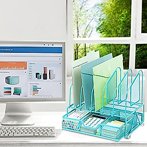 Beiz Blue Desk Organizer and Accessories Storage with 5 Vertical File Folder Holders, Paper Tray, Drawer for Women Office, Home, Dorm, Workspace to Collect Office Supplies