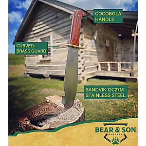 Bear & Son Cutlery 14 3/4" Fixed Blade Gold Rush Bowie Knife, Sandvik 12C27M Stainless Steel, Cocobola Wood Handle, Leather Sheath (CB00)
