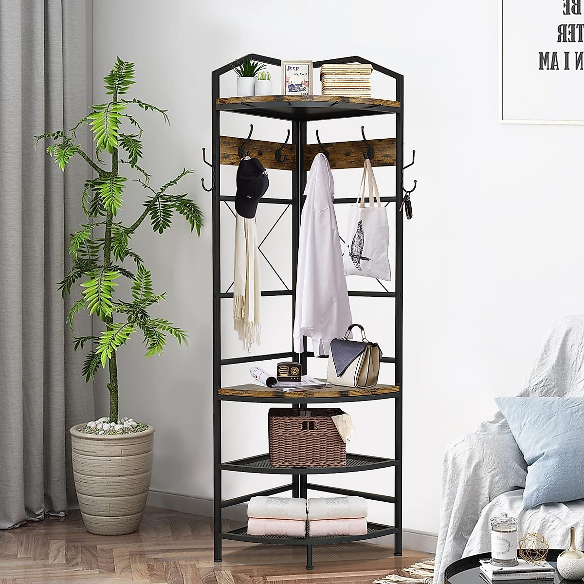 Recaceik Corner Hall Tree Coat Rack with 6 Double Hooks, Wood Home Organizer Shoe Bench Shelf for Entryway, Hallway, Closet, Rustic Brown