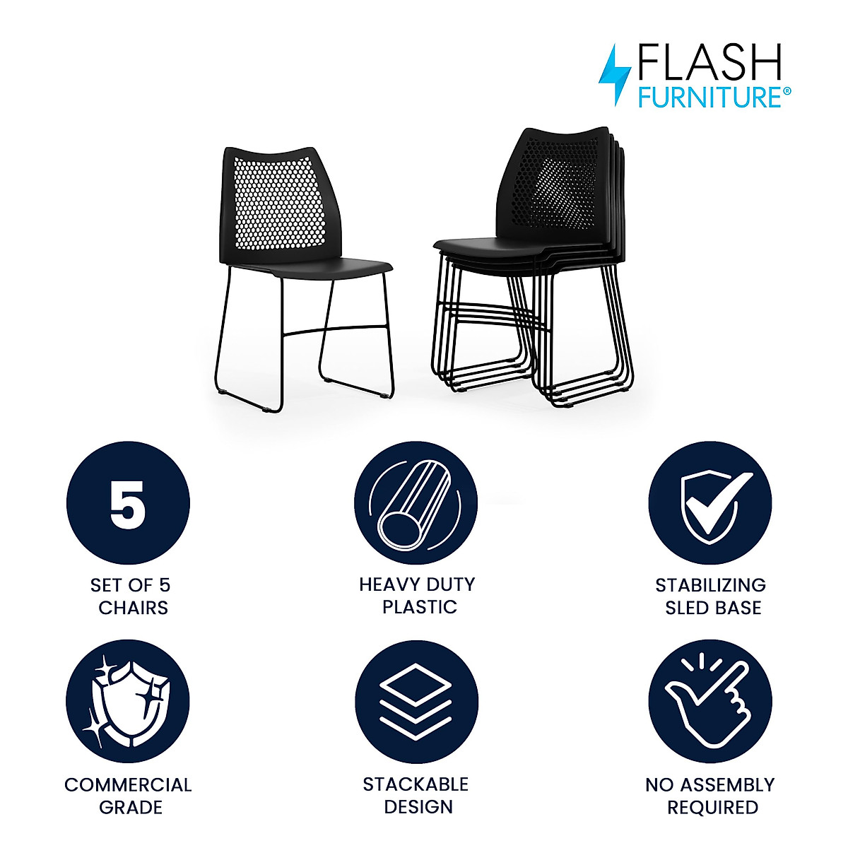 Flash Furniture 5 Pack HERCULES Series 661 lb. Capacity Black Stack Chair with Air-Vent Back and Black Powder Coated Sled Base