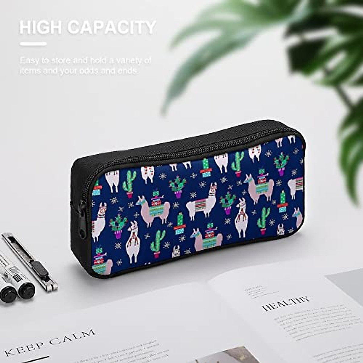 Llama with Cactus Pattern Pencil Case Makeup Bag Big Capacity Pouch Organizer for Office College