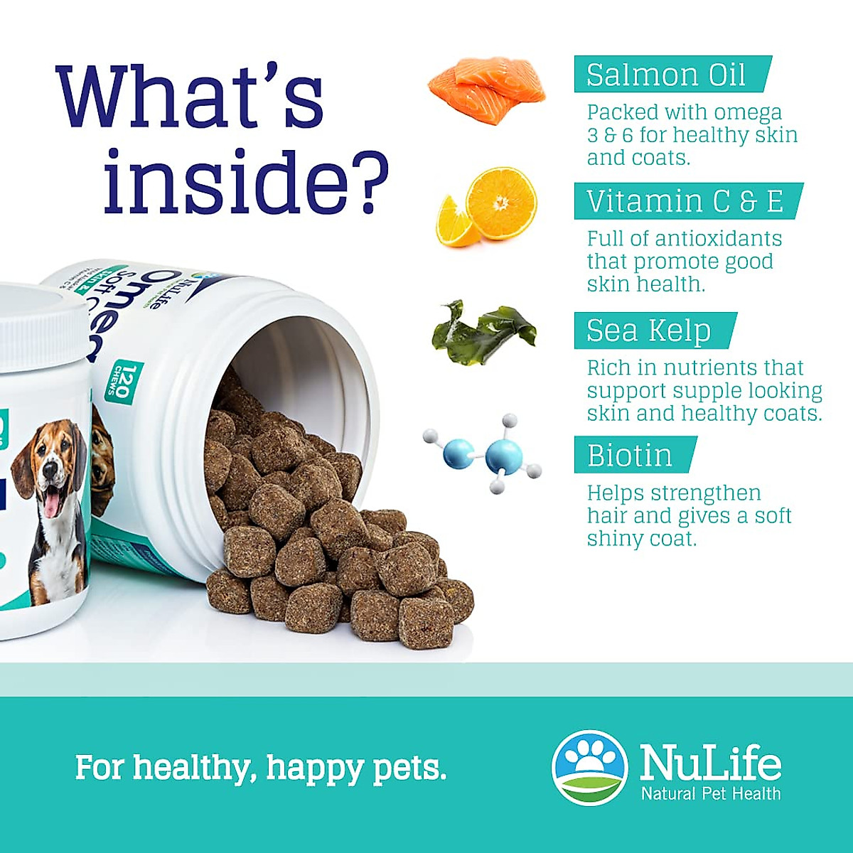 Omega Skin and Coat Chews for Dogs, Wild Salmon Dog Treats with Biotin & Vitamin E, Helps with Itchy Skin, Allergy Relief & Shedding, Omega 3 6 9, EPA & DHA Fatty Acids, Made in USA, 120 Chews