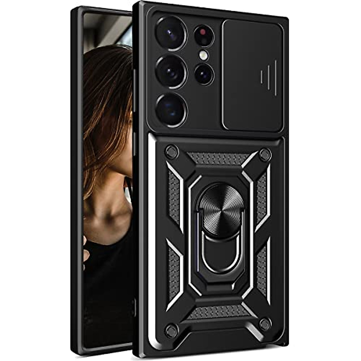 CCSmall Case for Samsung Galaxy S23 Ultra (Not S23) with Slide Camera Cover, Military Grade Drop Protective Phone Cover Case with Ring Kickstand for Samsung Galaxy S23 Ultra 5G SJ Black