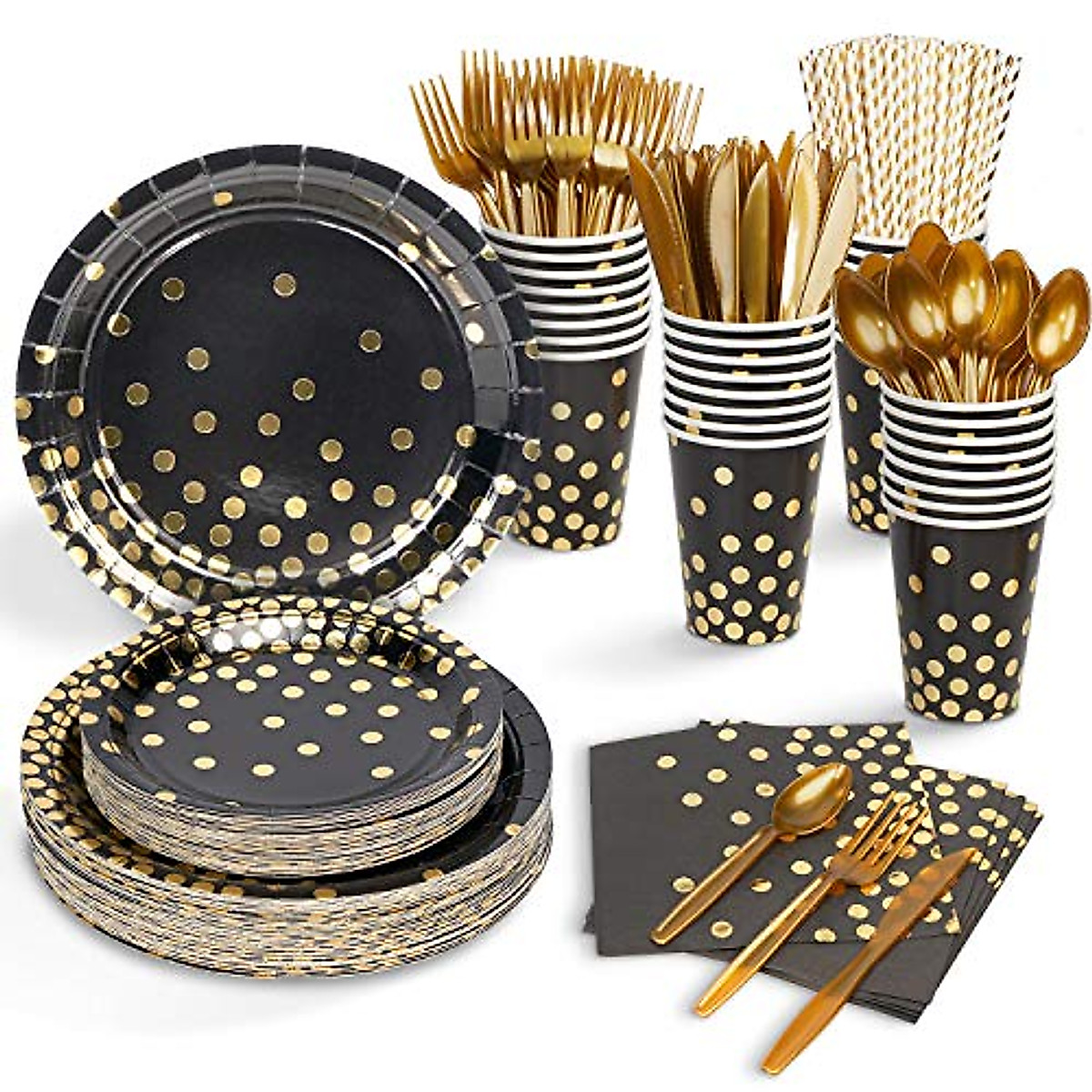 DECORLIFE Black Paper Plates, 400PCS Serves 50, Black and Gold Plates and Napkins Party Supplies, 12oz Cups, Utensils, Straws for Graduation Homecoming Retirement Anniversary Birthday Party