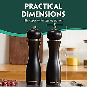 KucheCraft Wooden Pepper Grinder Refillable - Premium Beech Wood Pepper Mill Grinder with Adjustable Ceramic Grinder - 8 In Manual Matte Black Peppermill