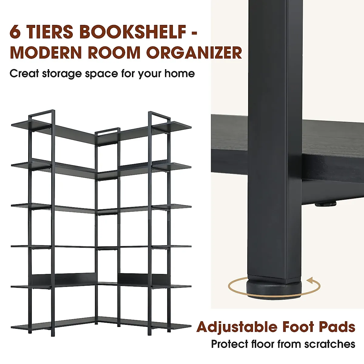 ASTRAEUS Bookshelf 6 Tiers Corner Bookcase L Shaped Shelf,Black