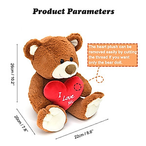 I Love You! 10'' Teddy Bear with Red Heart, Soft Plush Bear Doll Stuffed Animal Toys Valentines Day Decor Gifts for Her/Girlfriend Lover Mom Kids (Brown)