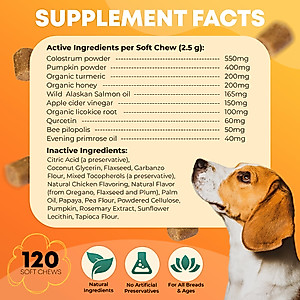 Dog Allergy Relief - 120 Count - Dog Allergy Chews Dog Itching Skin Relief for Seasonal Allergies - 10-in-1 Soft Dog Anti Itch Relief for Dogs Probiotics for Skin & Coat Supplement - Chicken Flavor