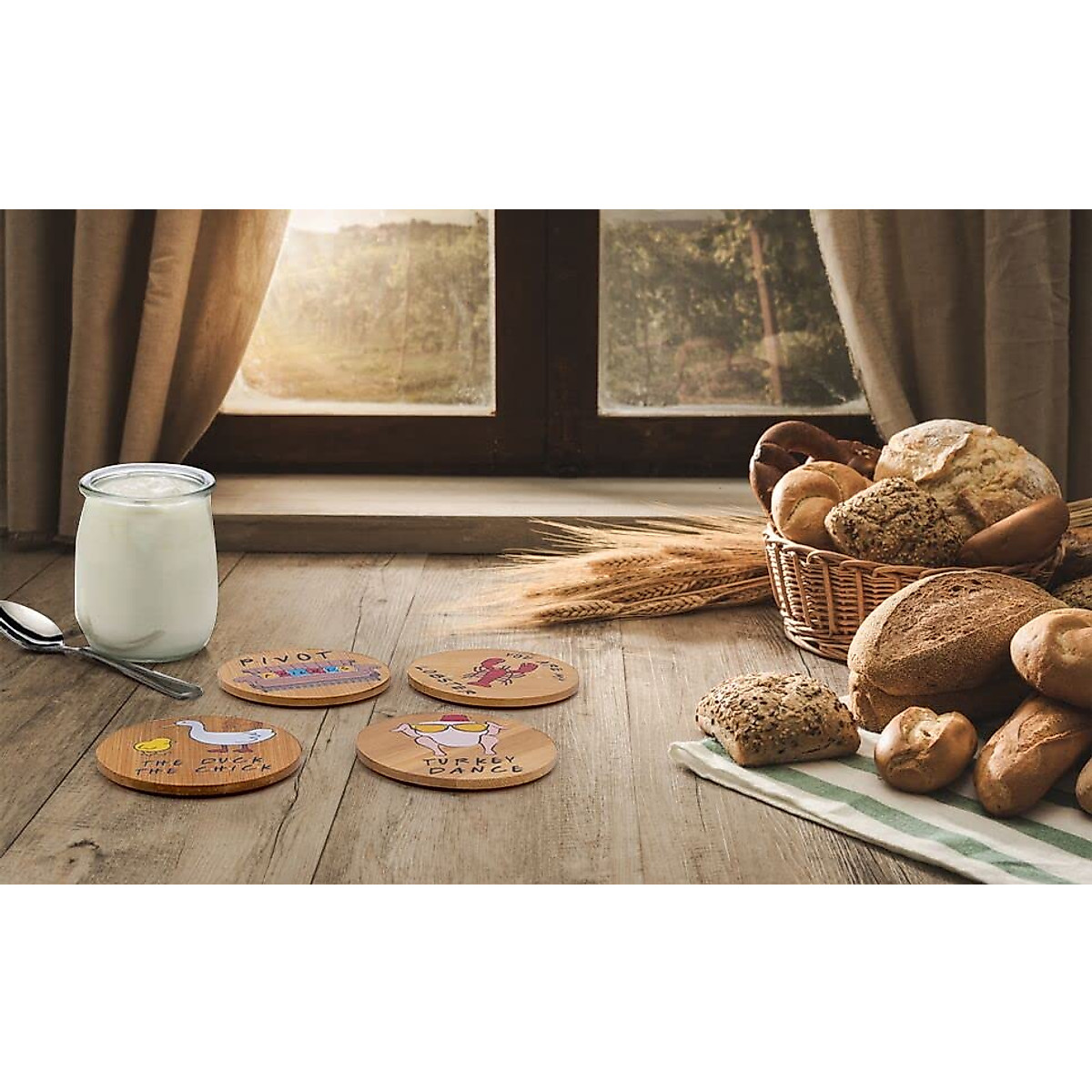 Friends Bamboo Coasters Set of 6, Friends TV Show Gifts, Friends TV Show Merchandise Presents, Funny Friends Themed Coaster Set with Coaster Holder