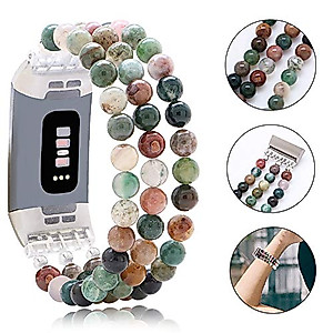C&L Accessories Compatible with Fitbit Charge 3 Charge 4 Bands, Handmade Feminine Stretch Natural Stone Beaded Adjustable Bracelet Band for Women Girls (Indian Agate)